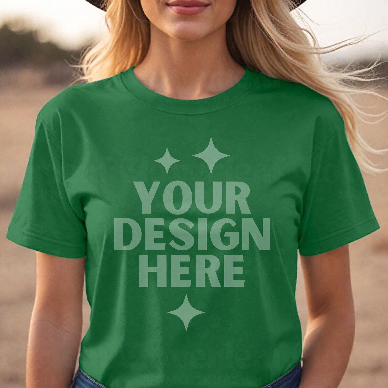 Gildan 5000 Turf Green Shirt Mockup Heavy Cotton Tee Women Model Mock ...