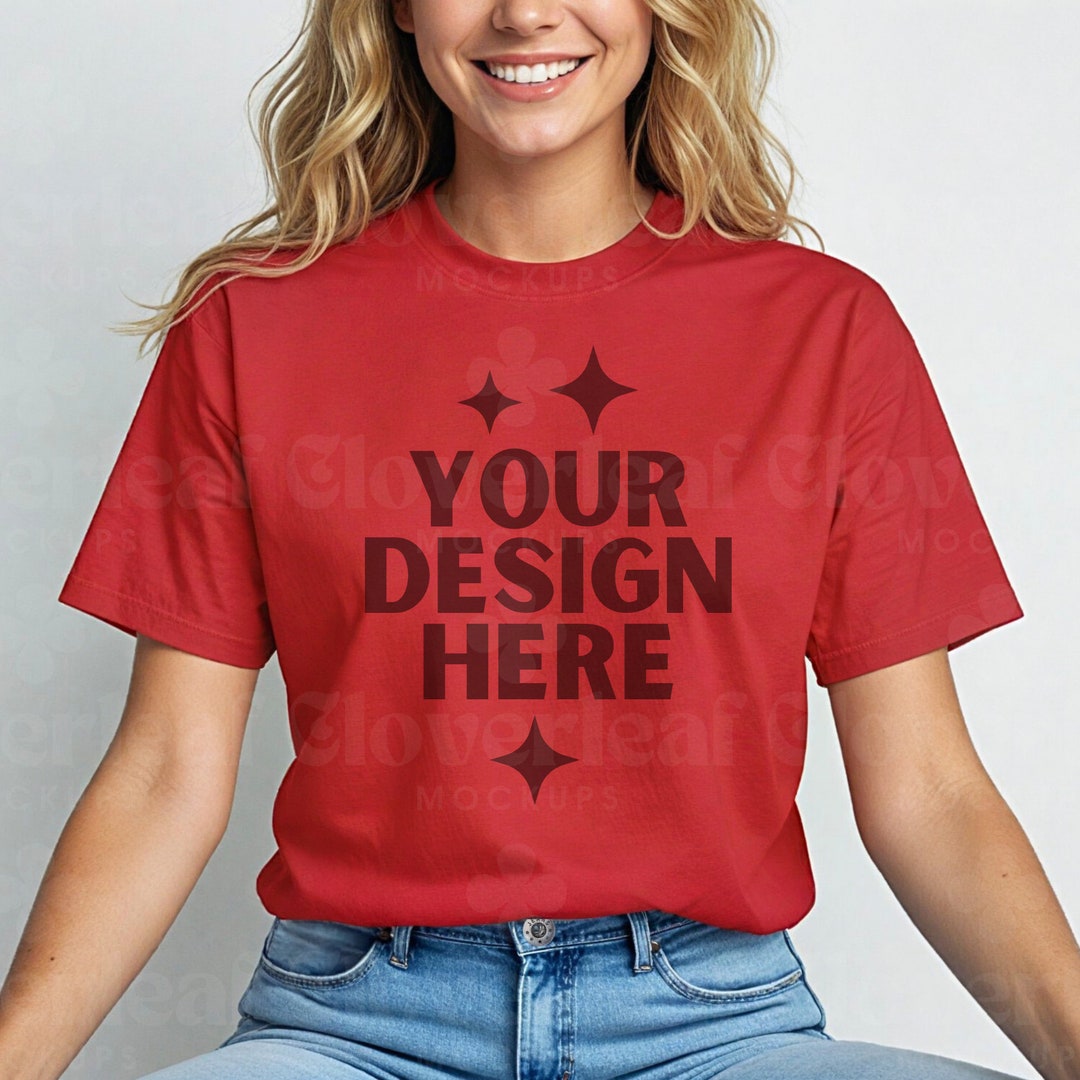 Red Gildan 5000 Shirt Mockup Heavy Cotton Tee Women Model Mock-up G500 ...