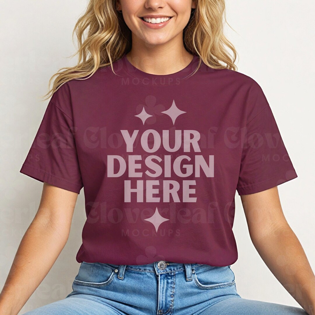 Maroon Gildan 5000 Shirt Mockup Heavy Cotton Tee Women Model Mock-up ...