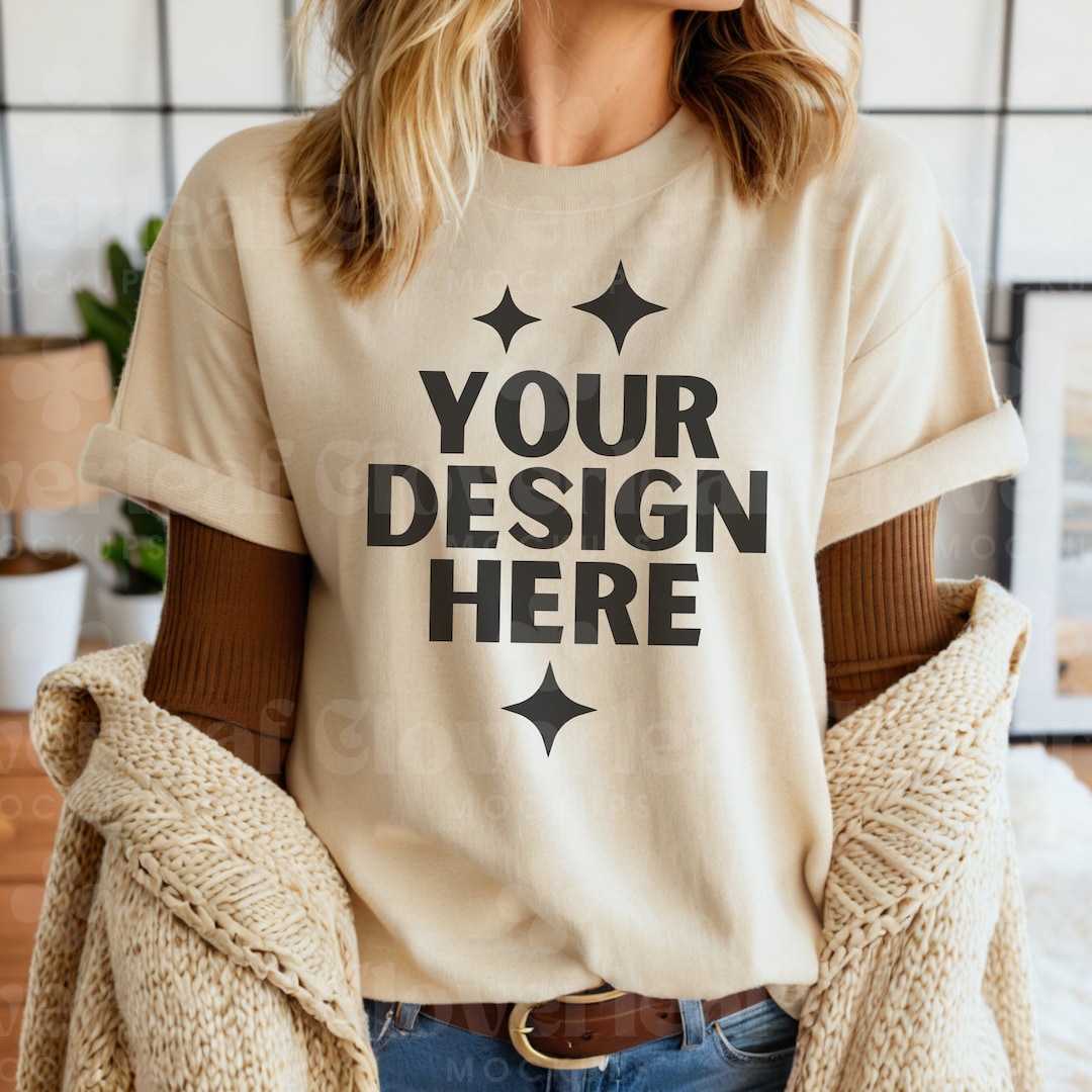 Gildan 5000 Sand Color Shirt Mockup Heavy Cotton Tee Model Mock-up ...