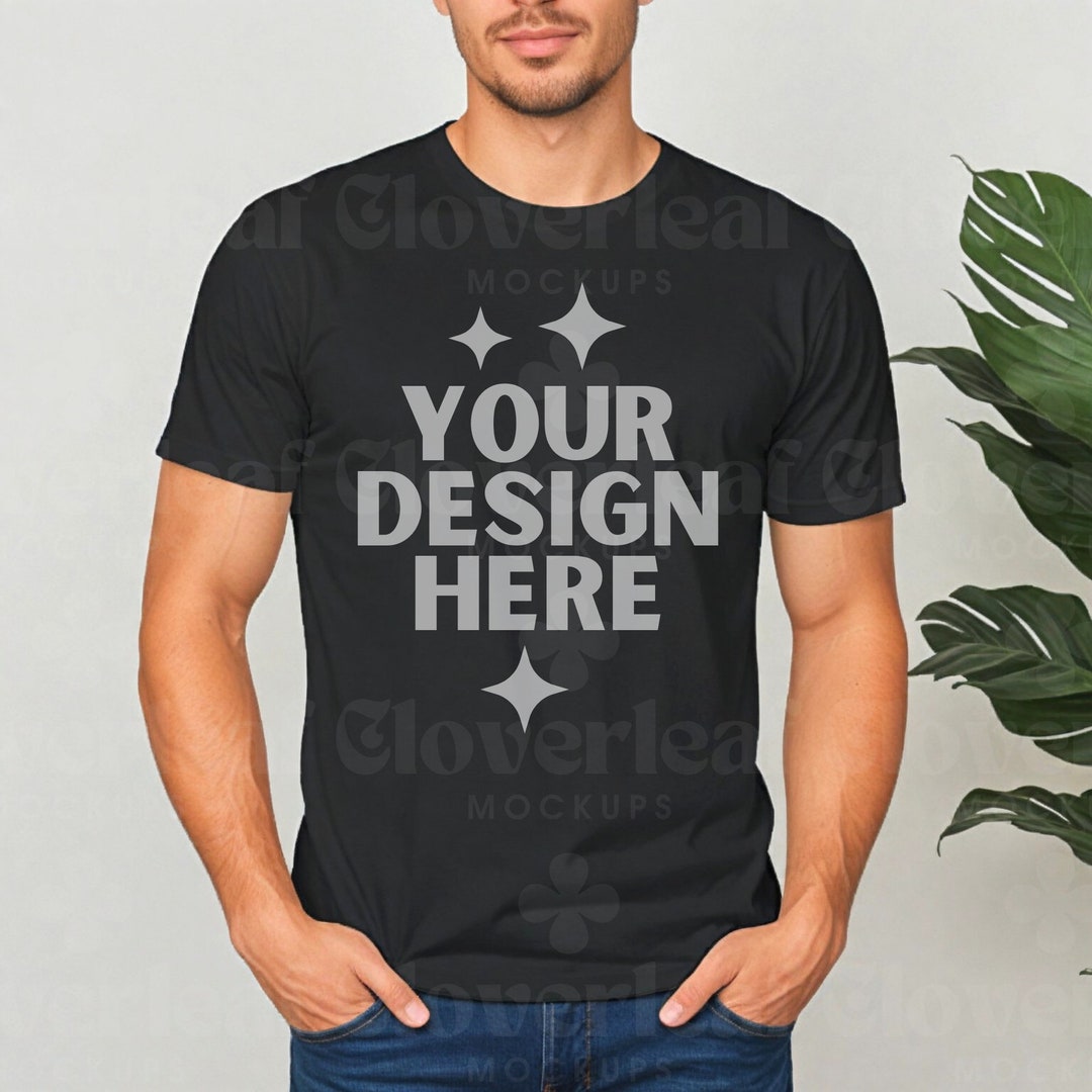 Bella Canvas Black Men Shirt Mockup 3001 Male Mock-up Black Mens Model ...