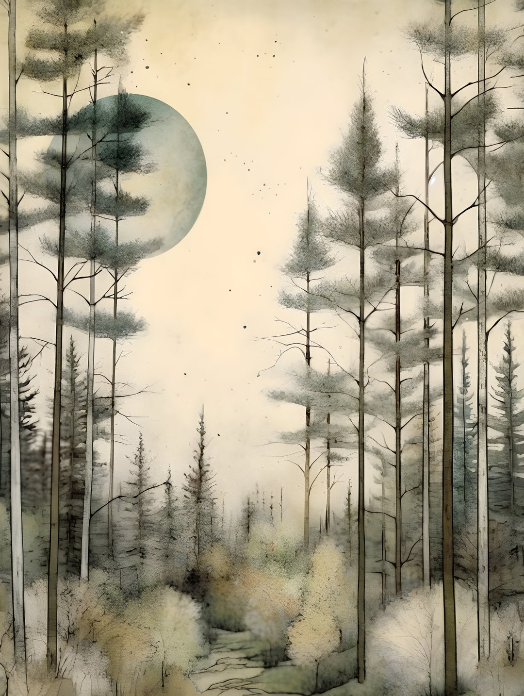Snowfall Serenity , Vintage Night in Winter Pine Trees ,green Forest ...