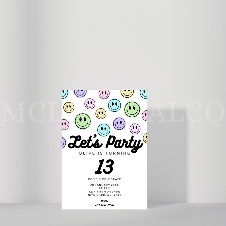 Editable Smiley Face Birthday Invitation | Pastel Bright Colors ...