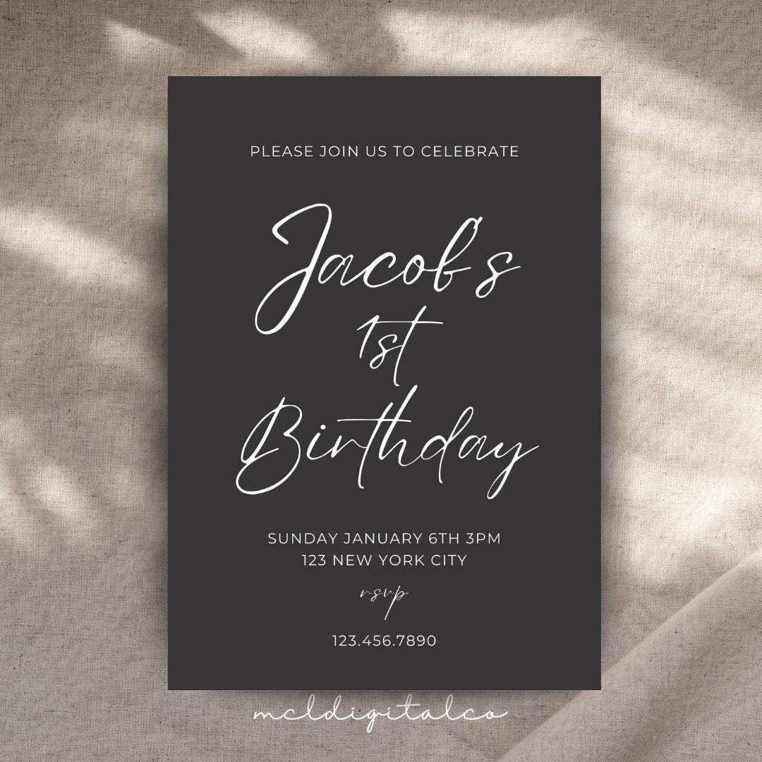 Editable Birthday Invitation | Dark Gray Gender Neutral Birthday Cards ...