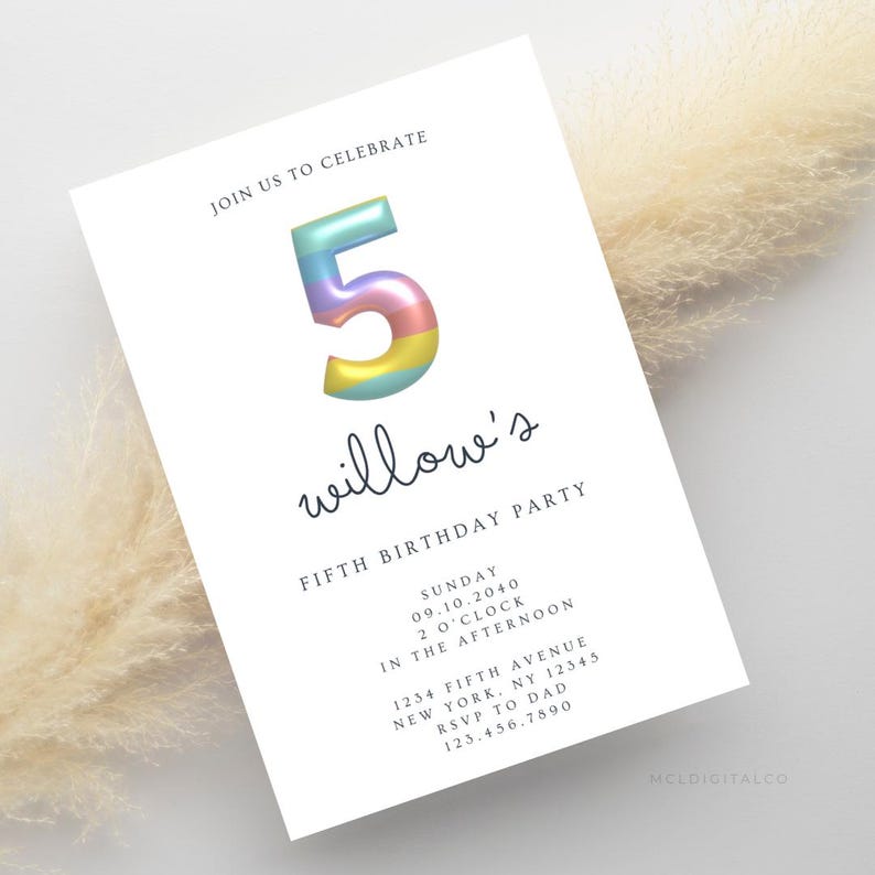 Editable Balloon Number 5th Birthday Invitation | Simple Minimalist ...