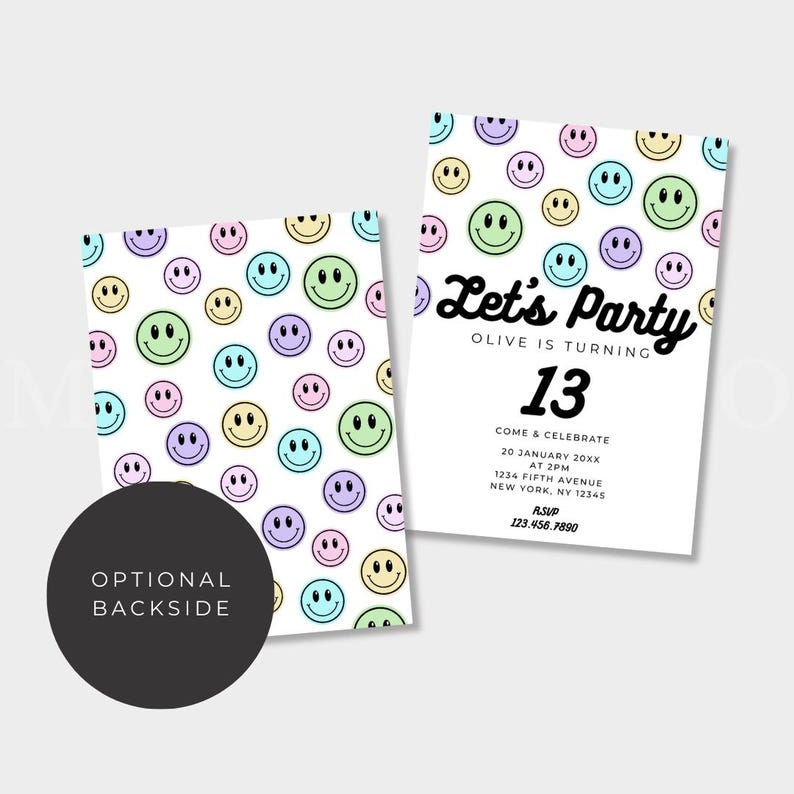Editable Smiley Face Birthday Invitation | Pastel Bright Colors ...