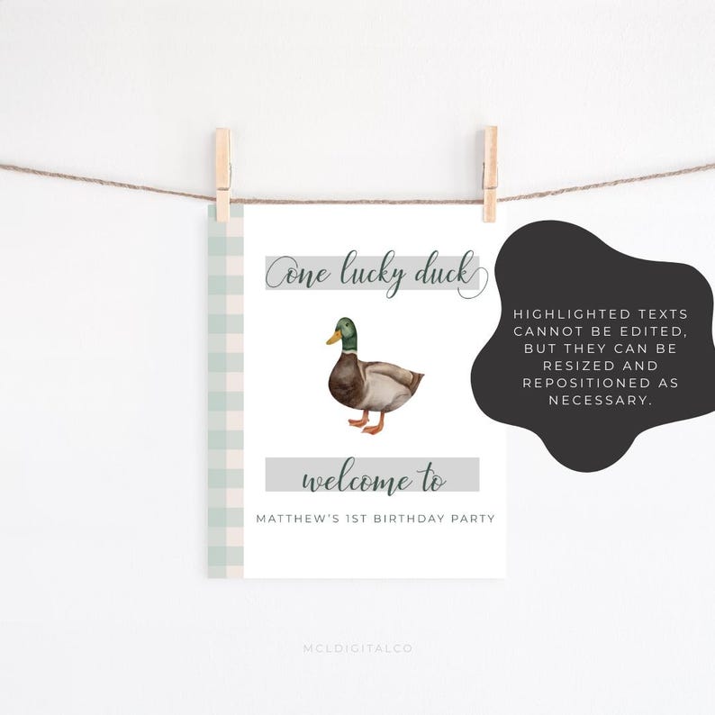 Editable One Lucky Duck First Birthday Welcome Sign | Trendy Minimalist ...