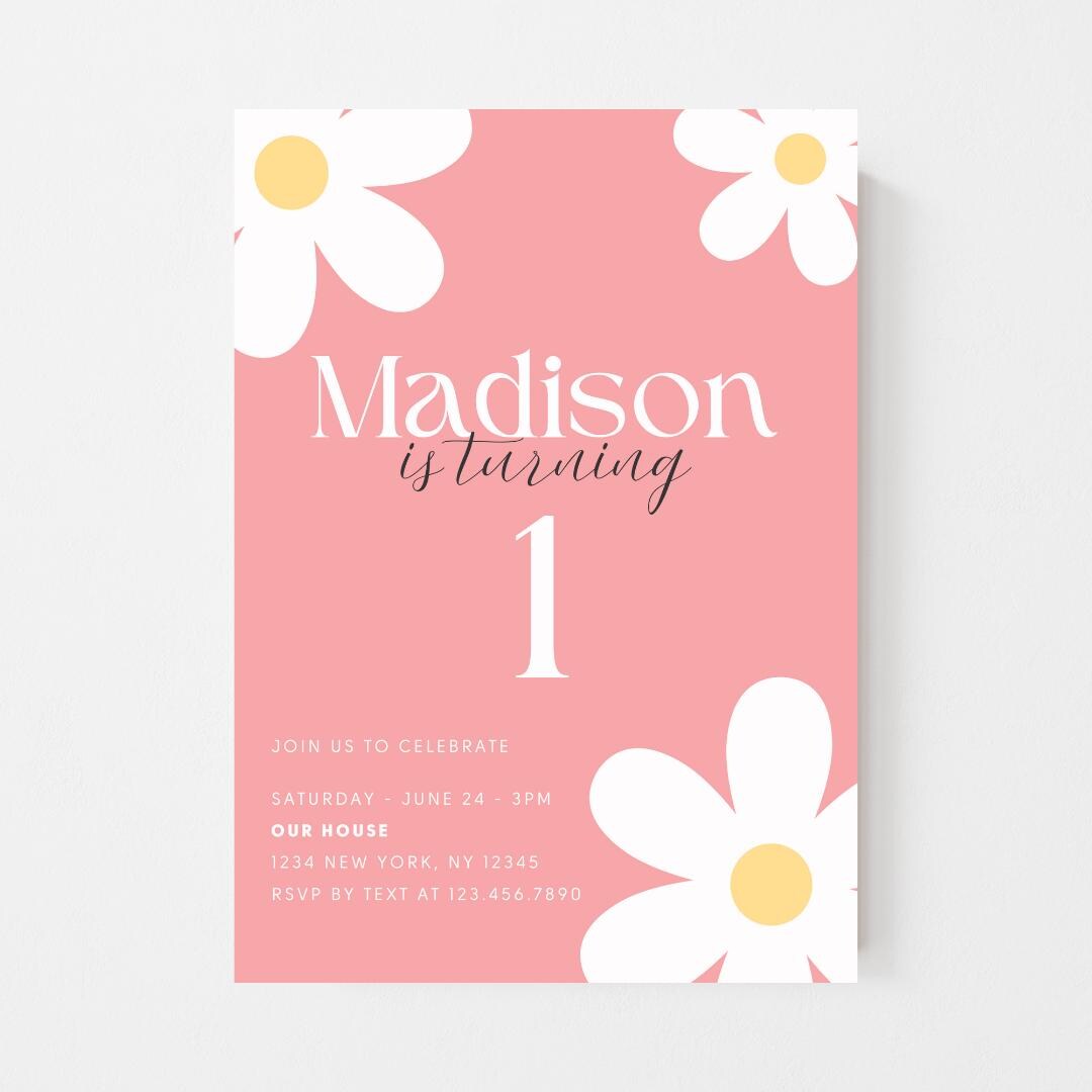 Editable Daisy Birthday Invitation | Minimalist Simple Party Invitation ...