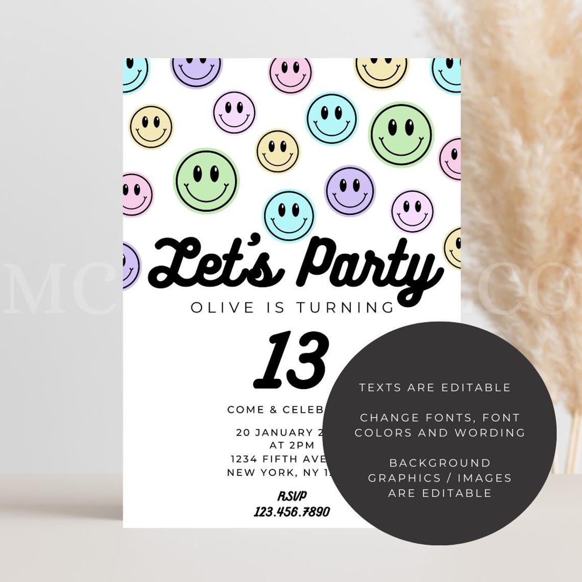 Editable Smiley Face Birthday Invitation | Pastel Bright Colors ...
