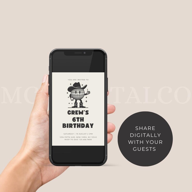 Editable Disco Cowboy Birthday Invitation | Minimalist Simple Neutral ...