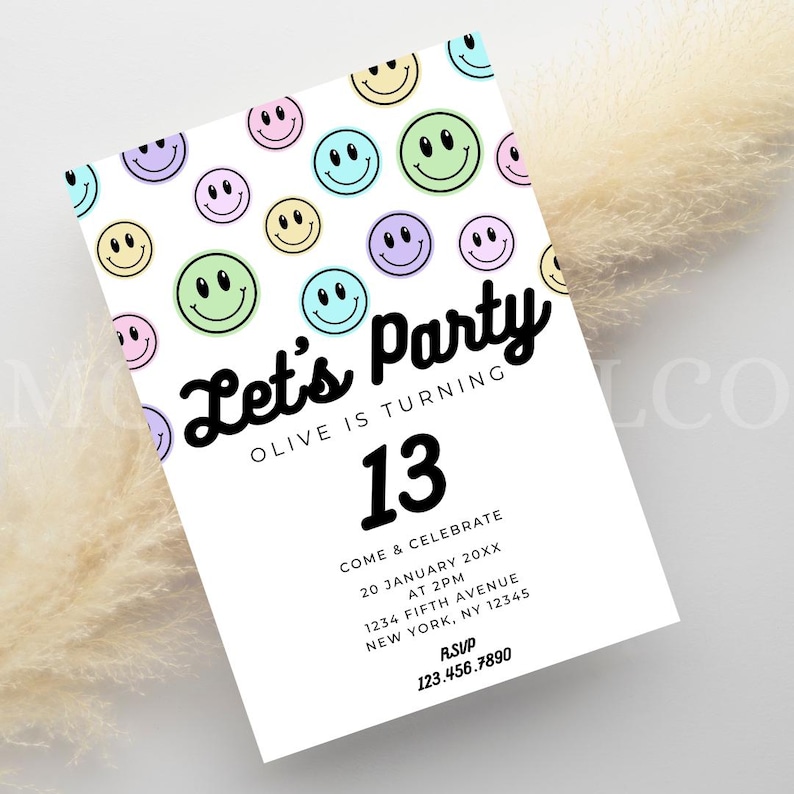 Editable Smiley Face Birthday Invitation | Pastel Bright Colors ...