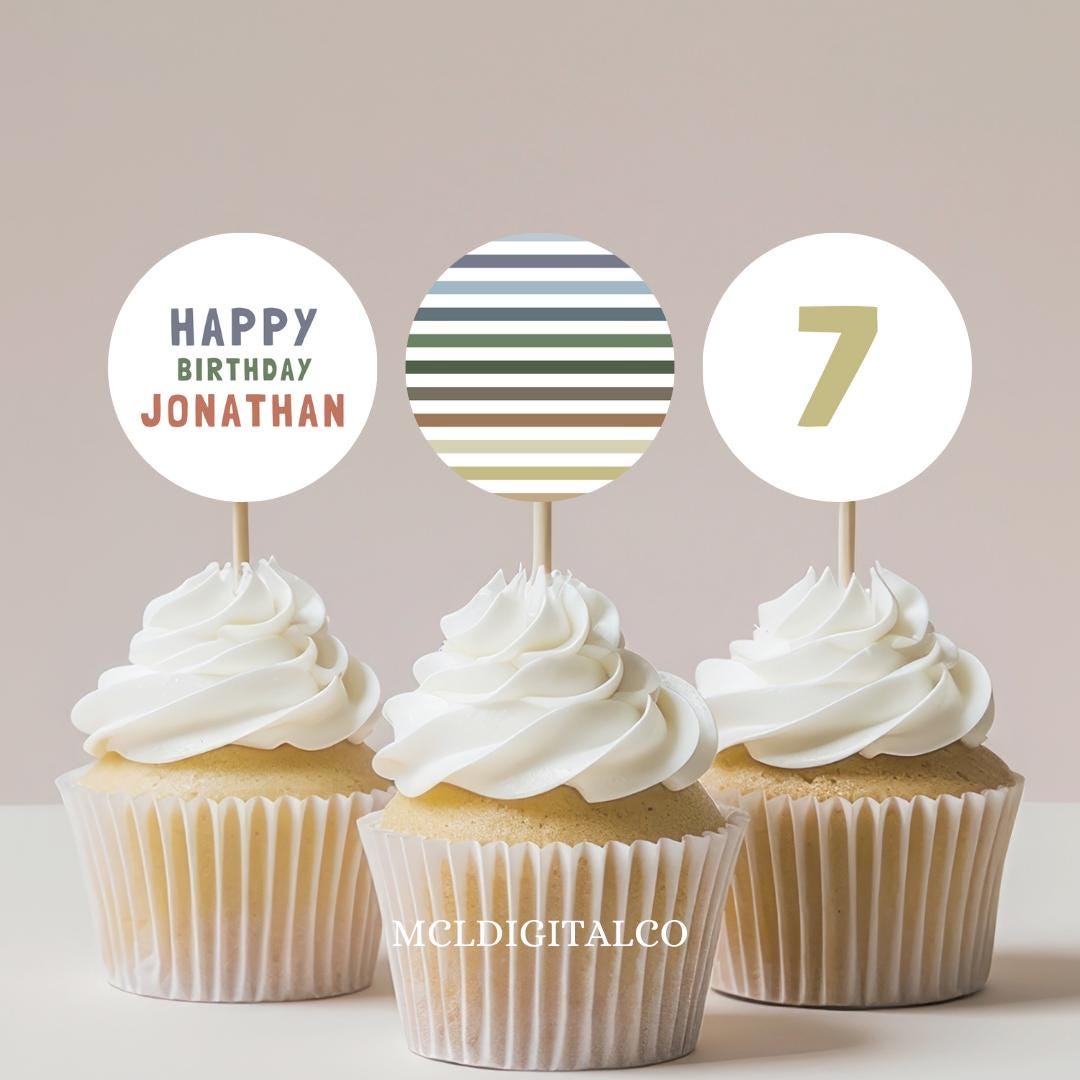 Editable Striped Birthday Cupcake Toppers | Mute Colors Birthday Party ...