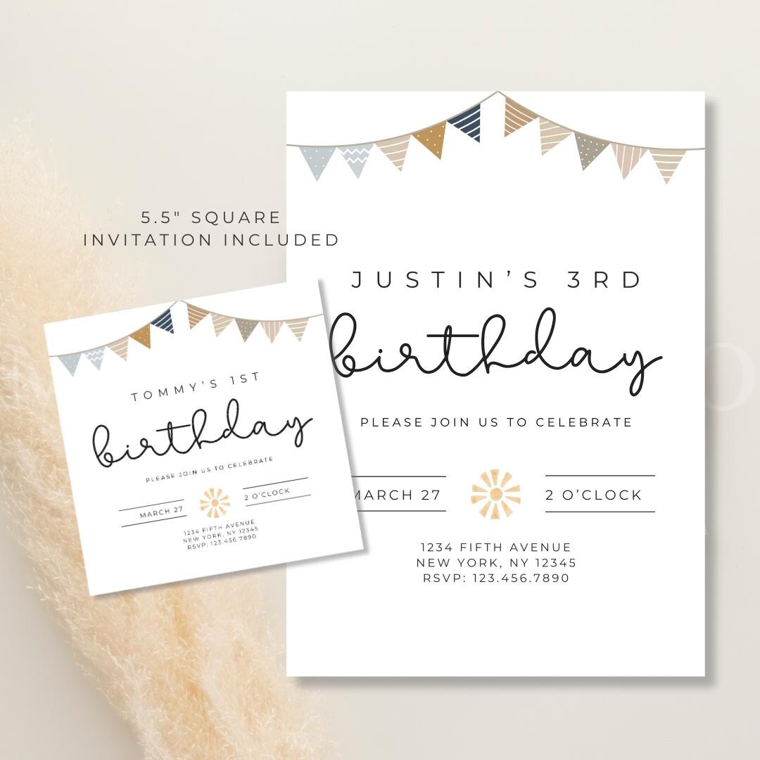 Editable Birthday Invitation | Banner Sun Minimalist Gender Neutral ...