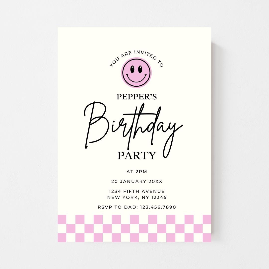 Editable Checkered Smiley Face Invitation | Girl Teen Pink Colors ...