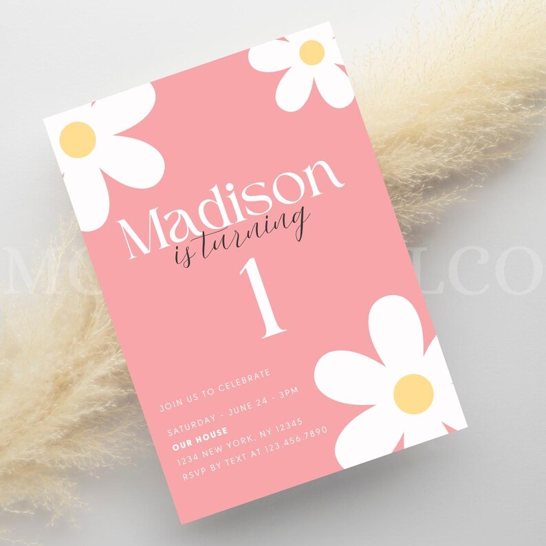 Editable Daisy Birthday Invitation | Minimalist Simple Party Invitation ...