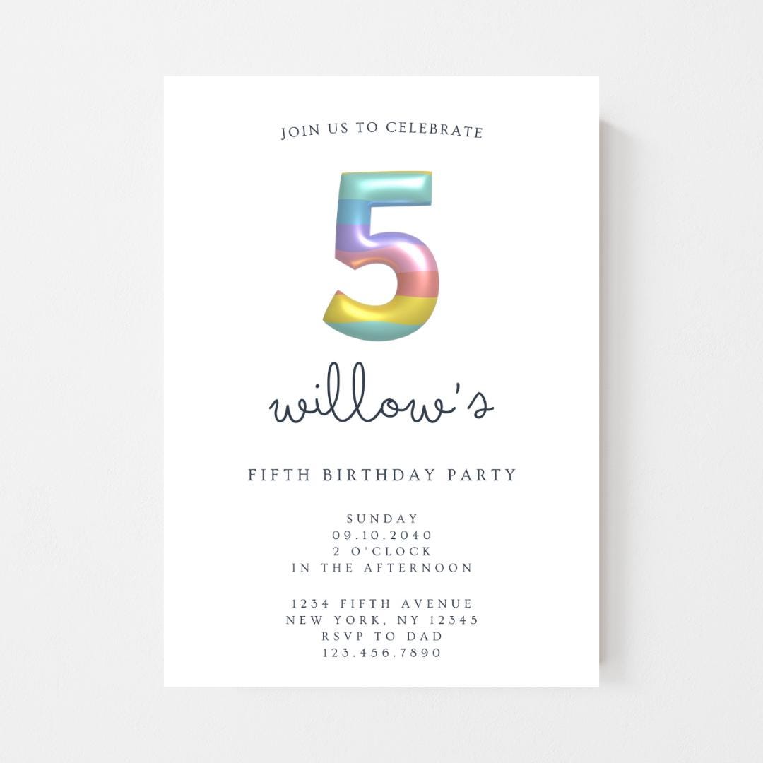 Editable Balloon Number 5th Birthday Invitation | Simple Minimalist ...