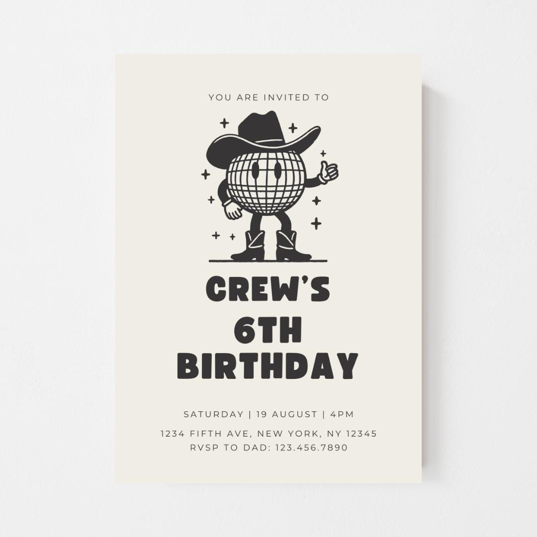 Editable Disco Cowboy Birthday Invitation | Minimalist Simple Neutral ...