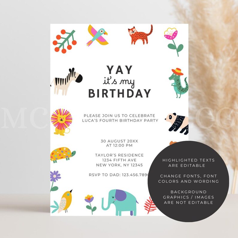 Editable Wild Animal Birthday Invitation | Simple Kids Colorful Bright ...