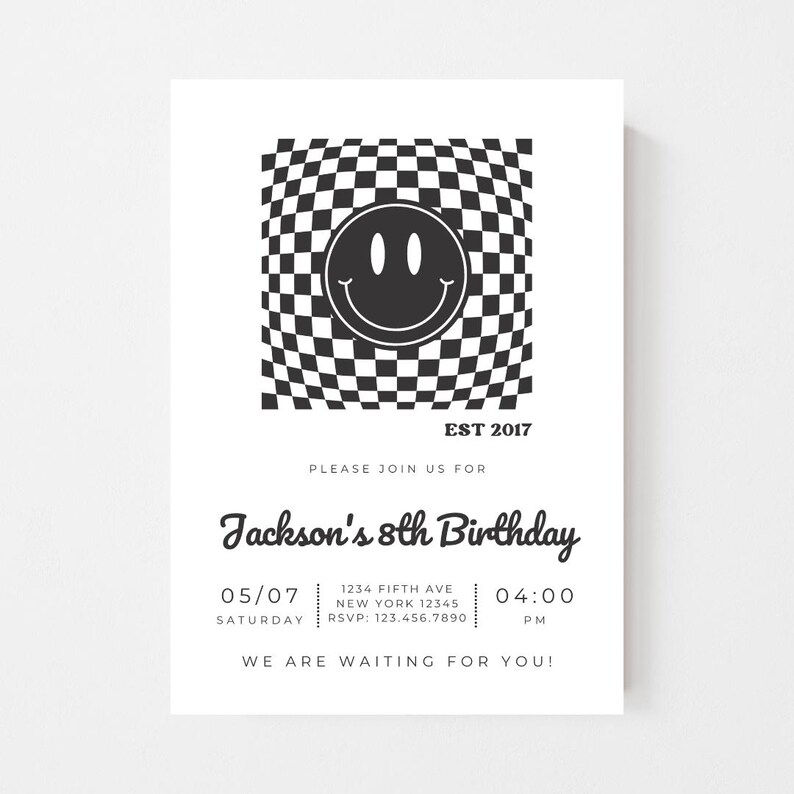 Editable Smiley Face Checkered Birthday Invitation | Simple Rad Retro ...