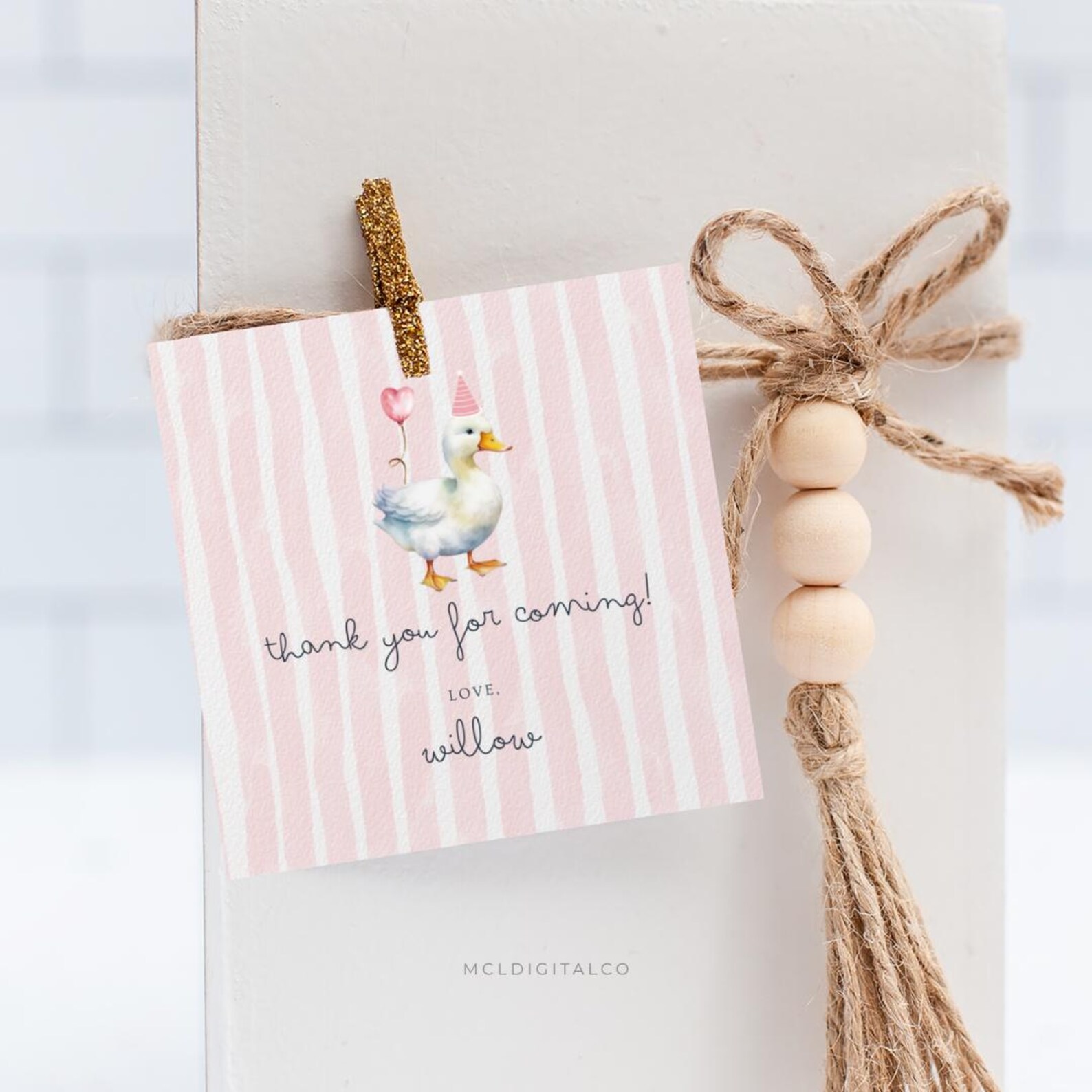 Editable Cute Duck Party Favor Tag | Trendy Minimalist Stripes Gingham ...