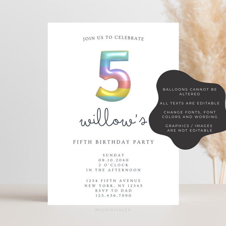 Editable Balloon Number 5th Birthday Invitation | Simple Minimalist ...