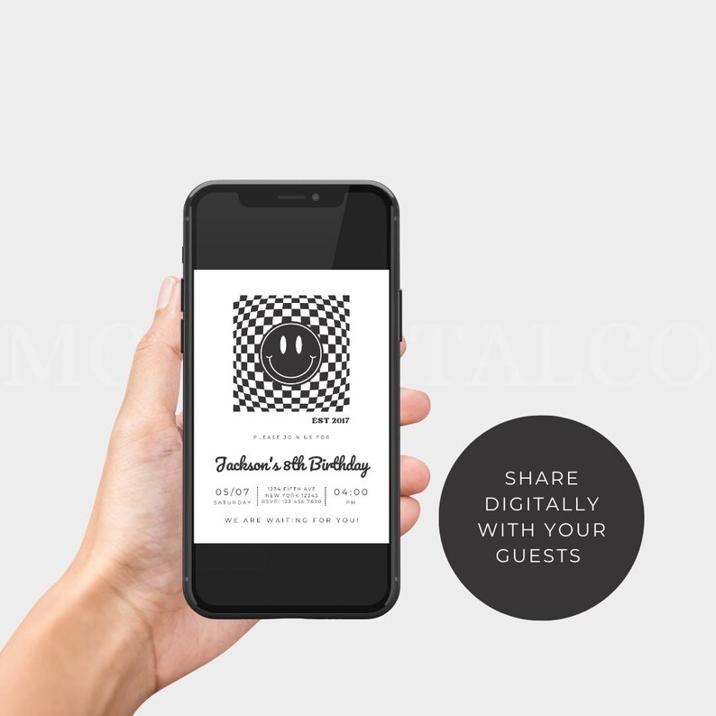 Editable Smiley Face Checkered Birthday Invitation | Simple Rad Retro ...