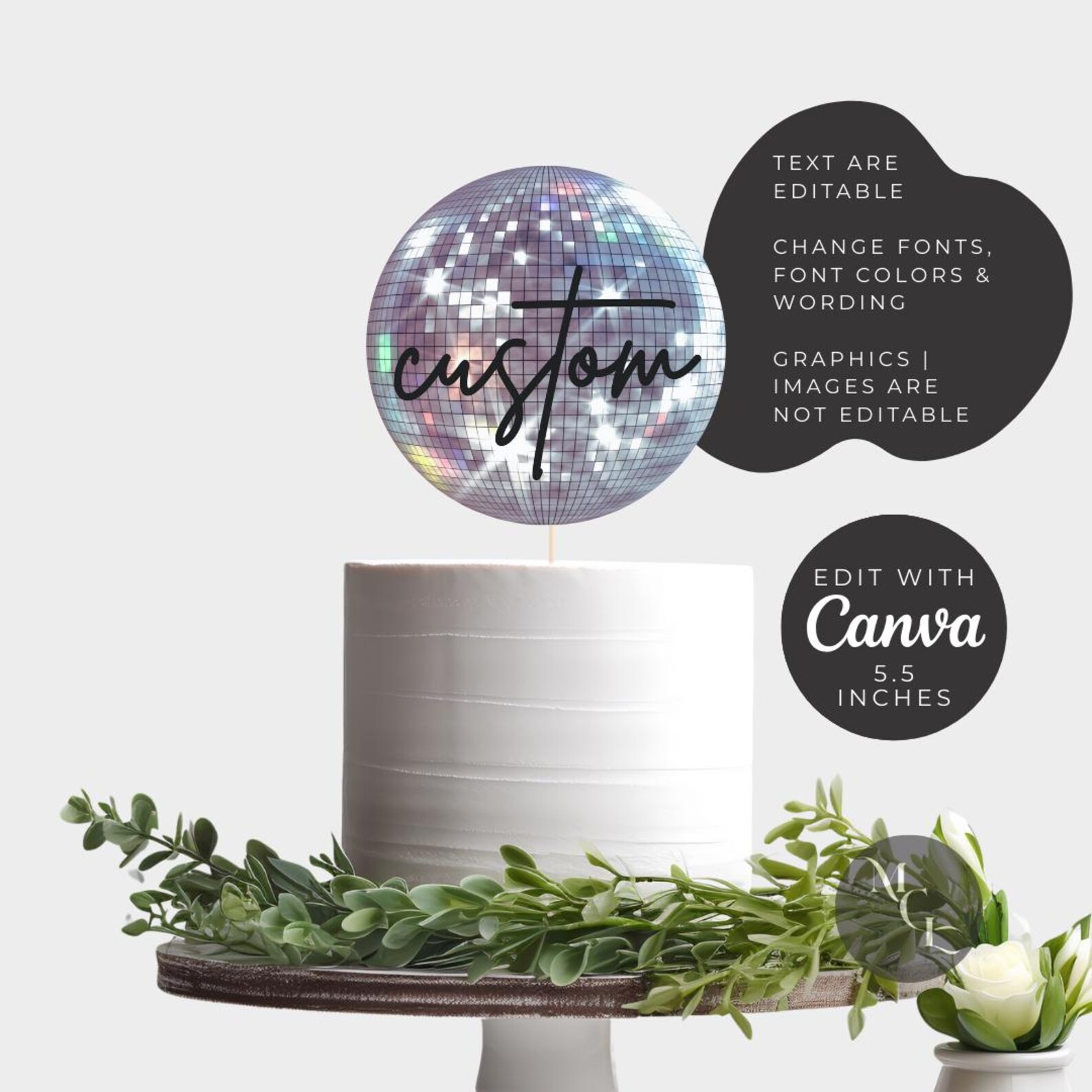 Editable Disco Ball Cake Topper | Custom Wording Dance Party ...