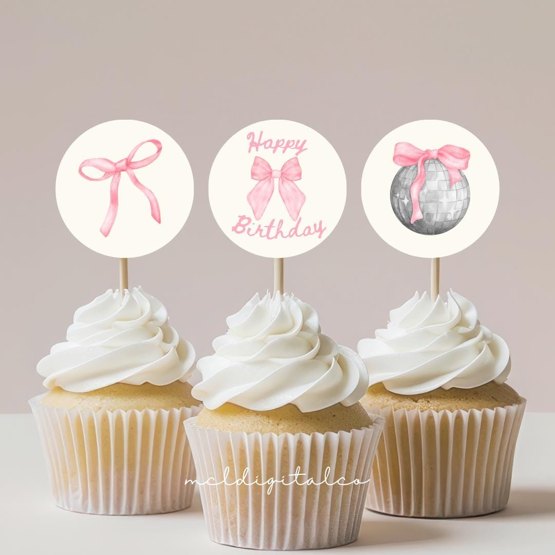 Printable Trendy Pink Bow Cupcake Toppers | Minimalist Pink Cupcake ...