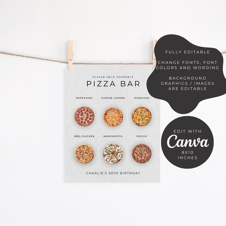 Editable Pizza Bar Table Sign | Simple Minimalist Pizza Party ...