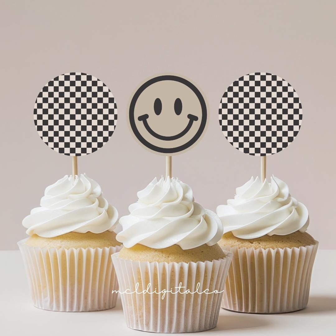 Printable Smiley Face Cupcake Toppers | Minimalist Checkered ...