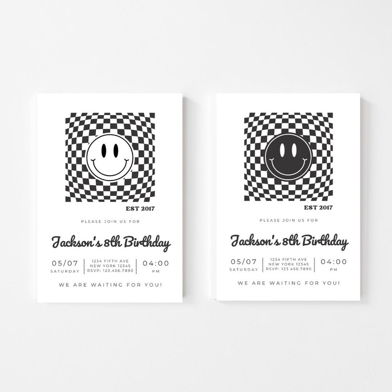 Editable Smiley Face Checkered Birthday Invitation | Simple Rad Retro ...