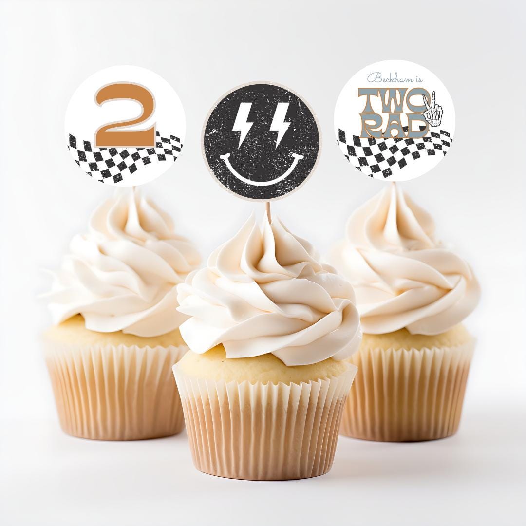Editable Rad Cupcake Toppers | Retro Smiley Face Checkered Print Party ...