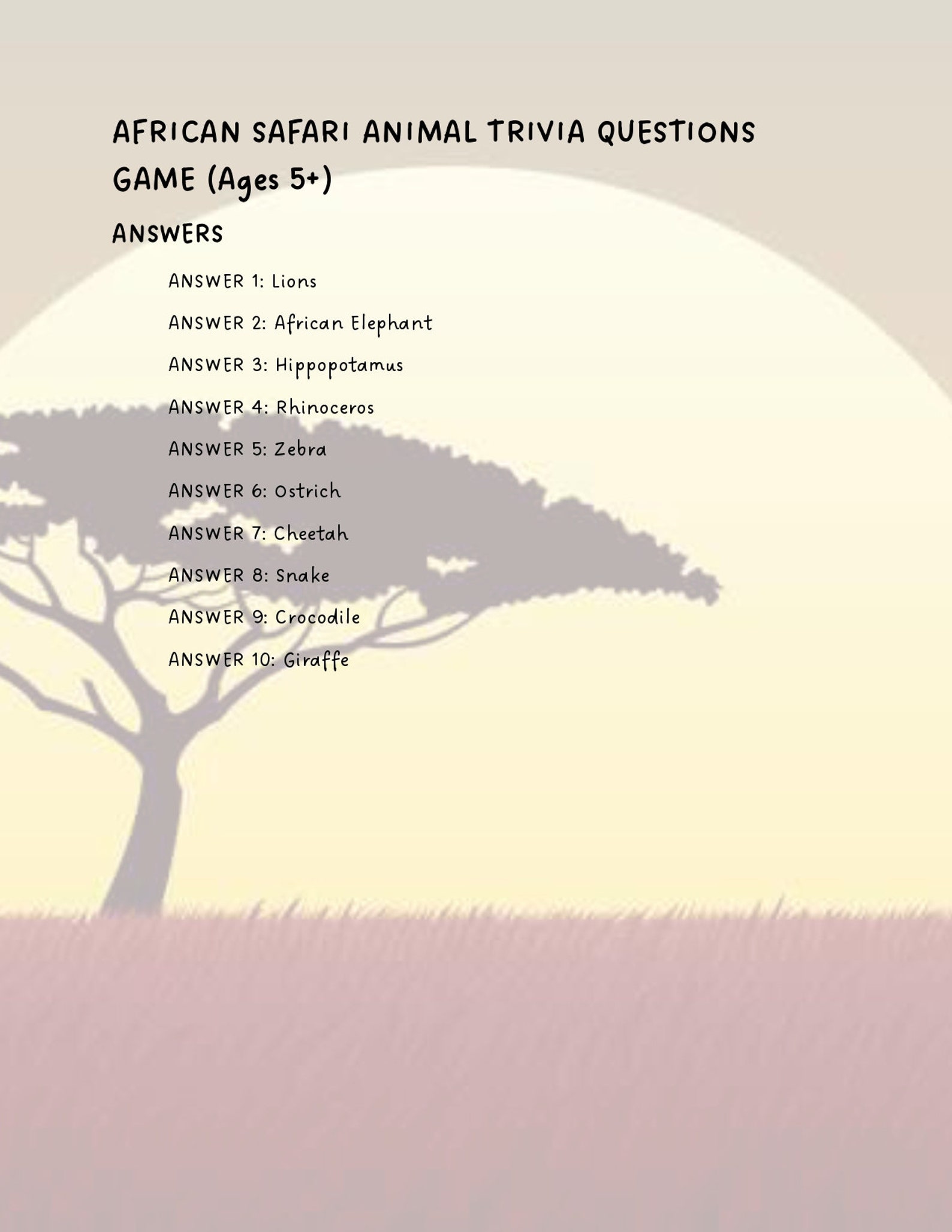 African Safari Animal Trivia Question - Etsy