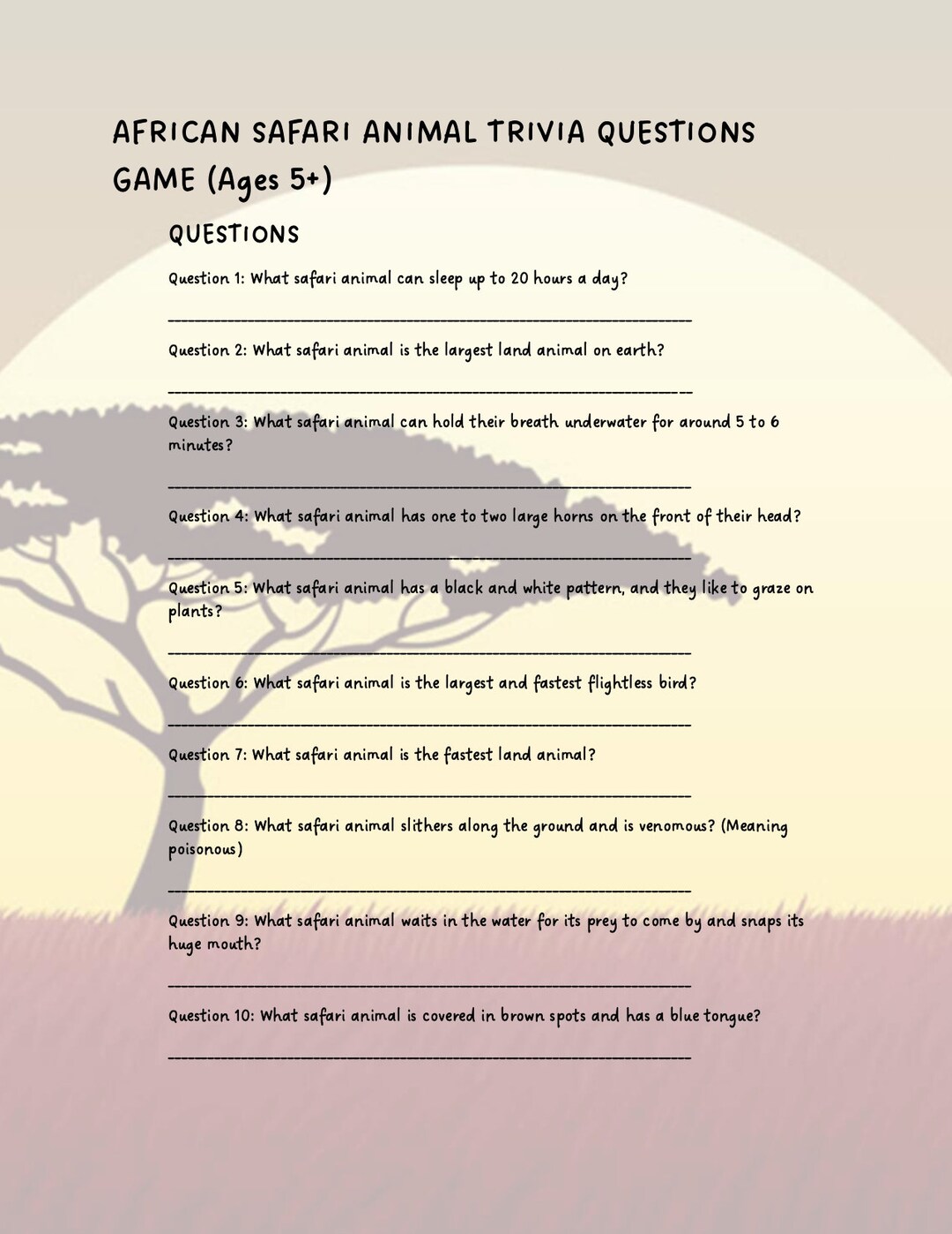 African Safari Animal Trivia Question - Etsy