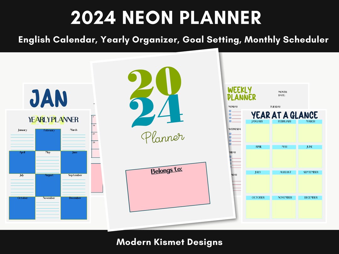 2024 365 Days Neon Planner, English Calendar, Yearly Organizer, Goal ...