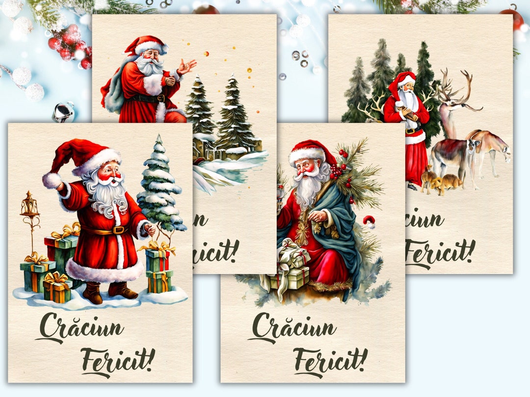 Craciun Fericit Set of 4 Romanian Christmas Cards Watercolor Santa ...