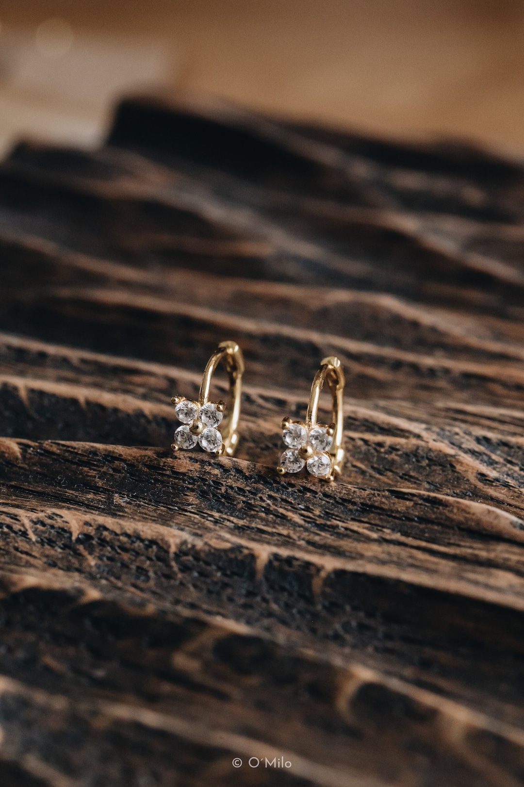 Leaf Crystal Earrings, Artisanal Petal Hoop Earrings, Elegant 18K Gold Vermeil, Tiny Crystal ...