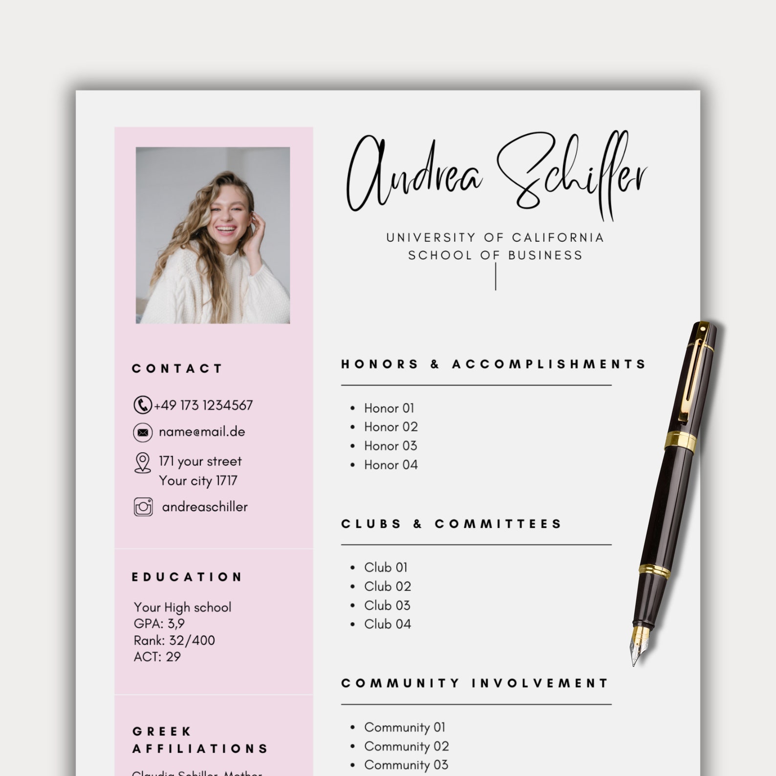 Sorority Resume Template Cover Letter Pink Social Resume Photo Pastel ...