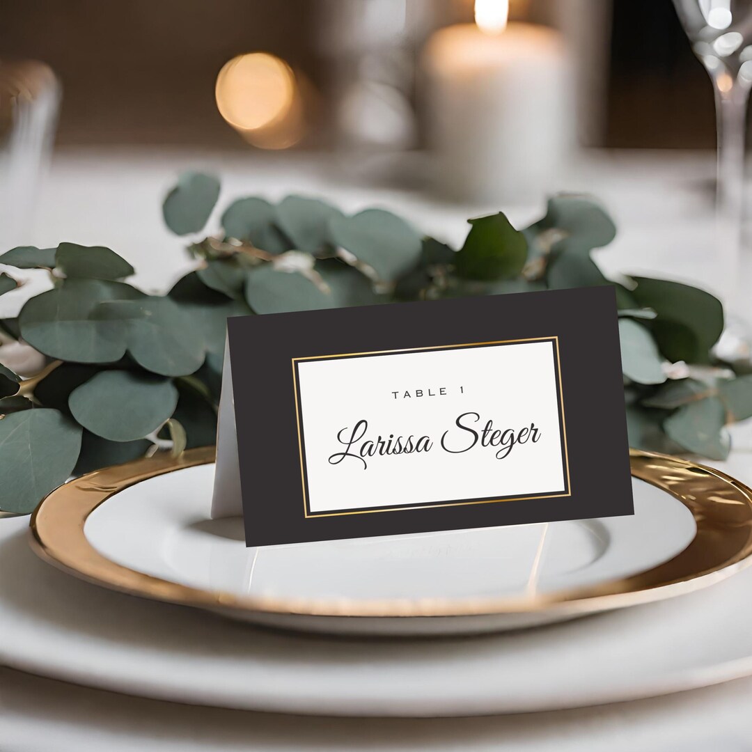 New Years Name Card Golden Frame Dinner Place Card Template Editable ...