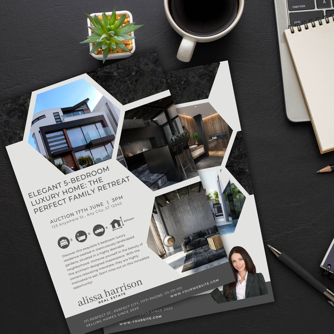 Real Estate Template Open House Flyer Auction Announcement Modern Home ...