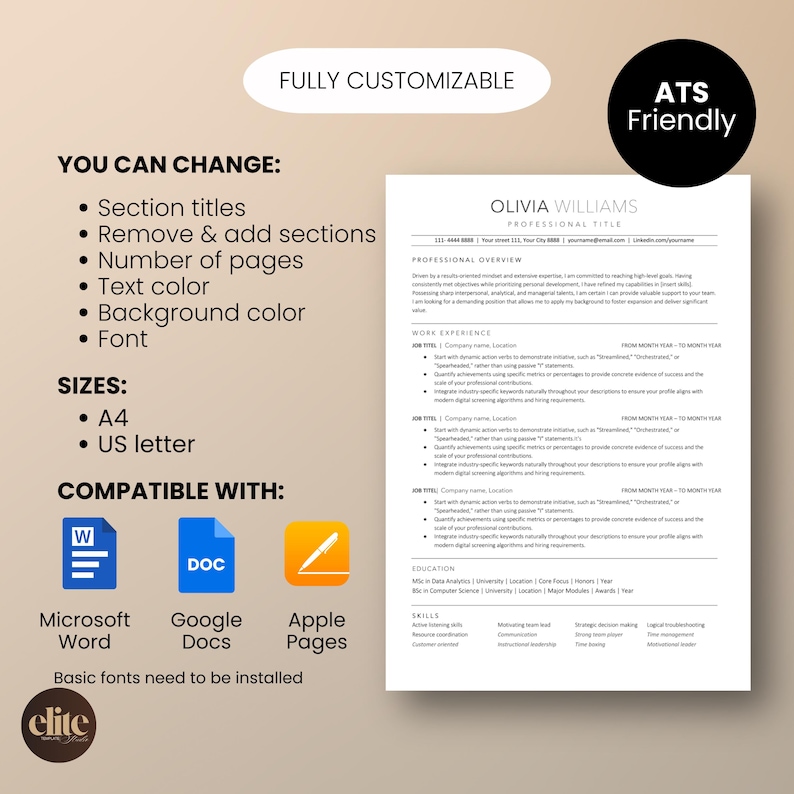 ATS Friendly Resume Template Word Cover Letter Google Docs Instant ...