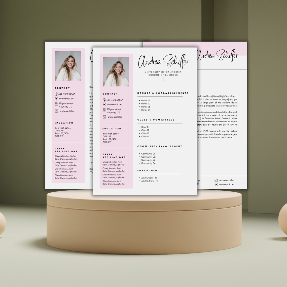 Sorority Resume Template Cover Letter Pink Social Resume Photo Pastel ...