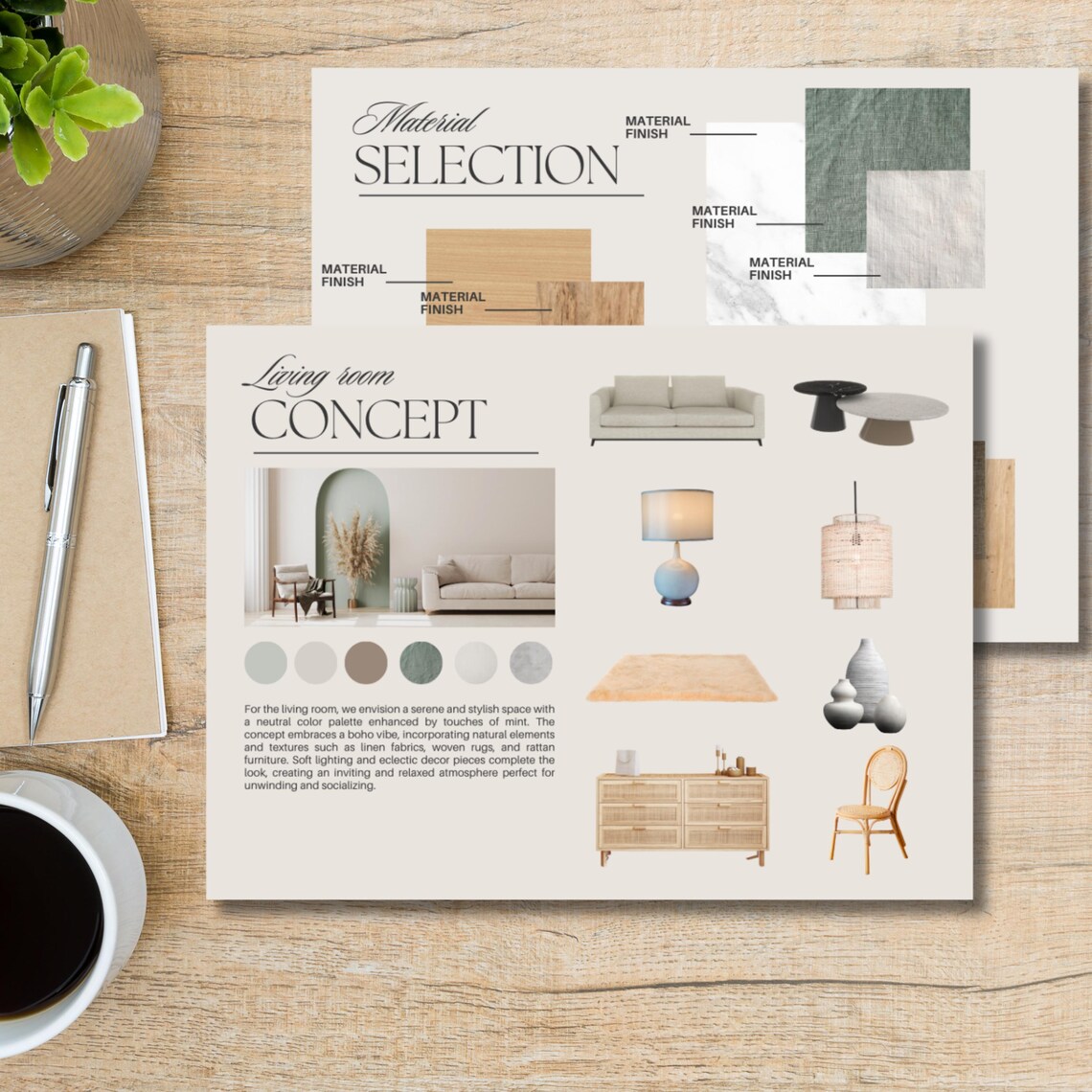Interior Design Presentation Template Boho Mint Concept Mood Board ...