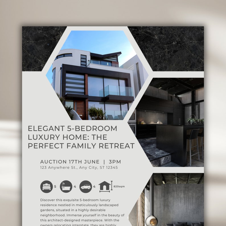 Real Estate Template Open House Flyer Auction Announcement Modern Home ...