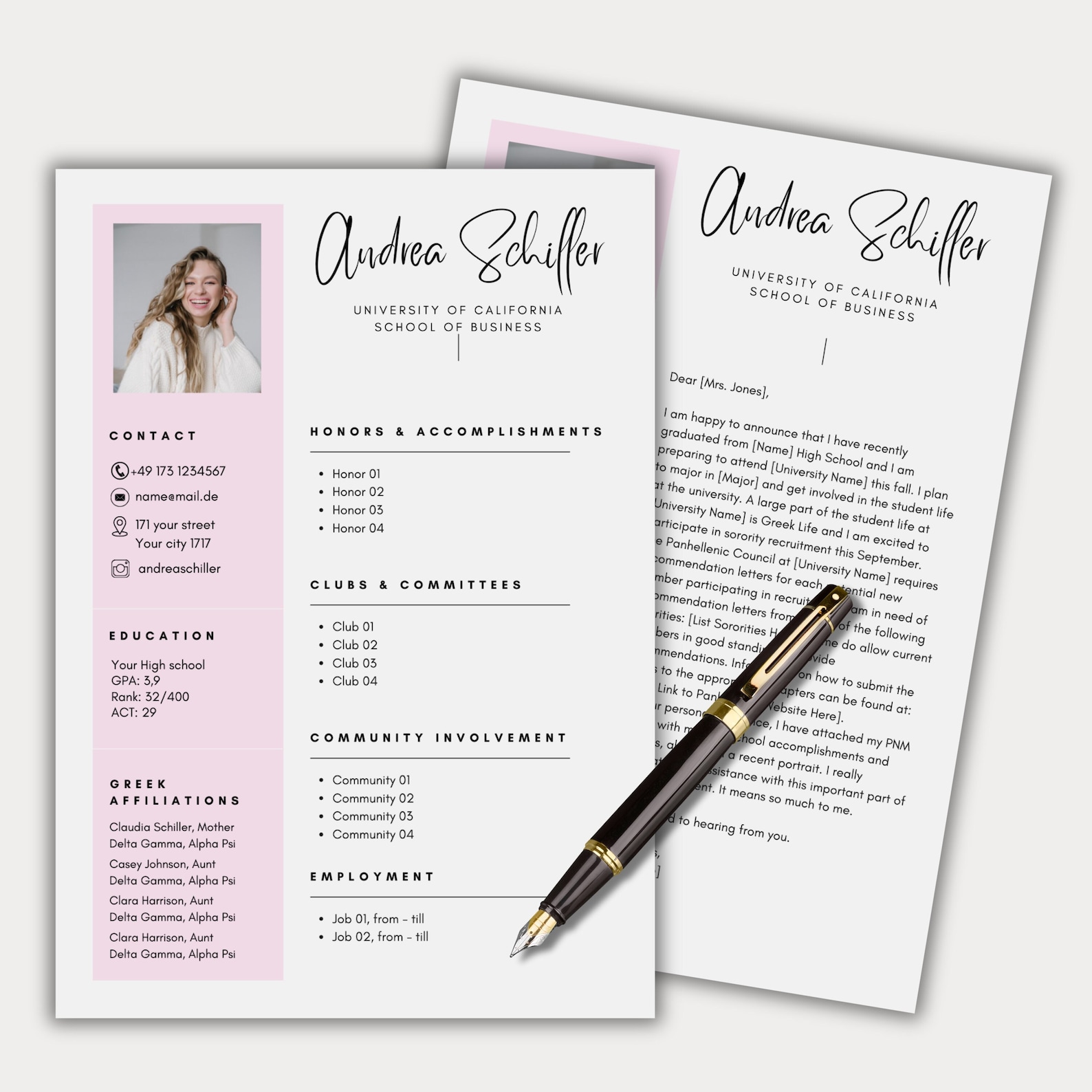 Sorority Resume Template Cover Letter Pink Social Resume Photo Pastel ...