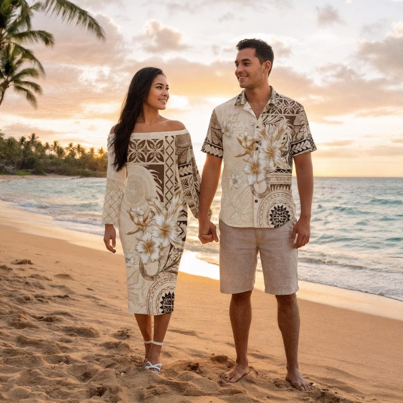 Matching the Shoulder Long Sleeve Dress & Hawaiian Shirt – Samoa Siapo ...