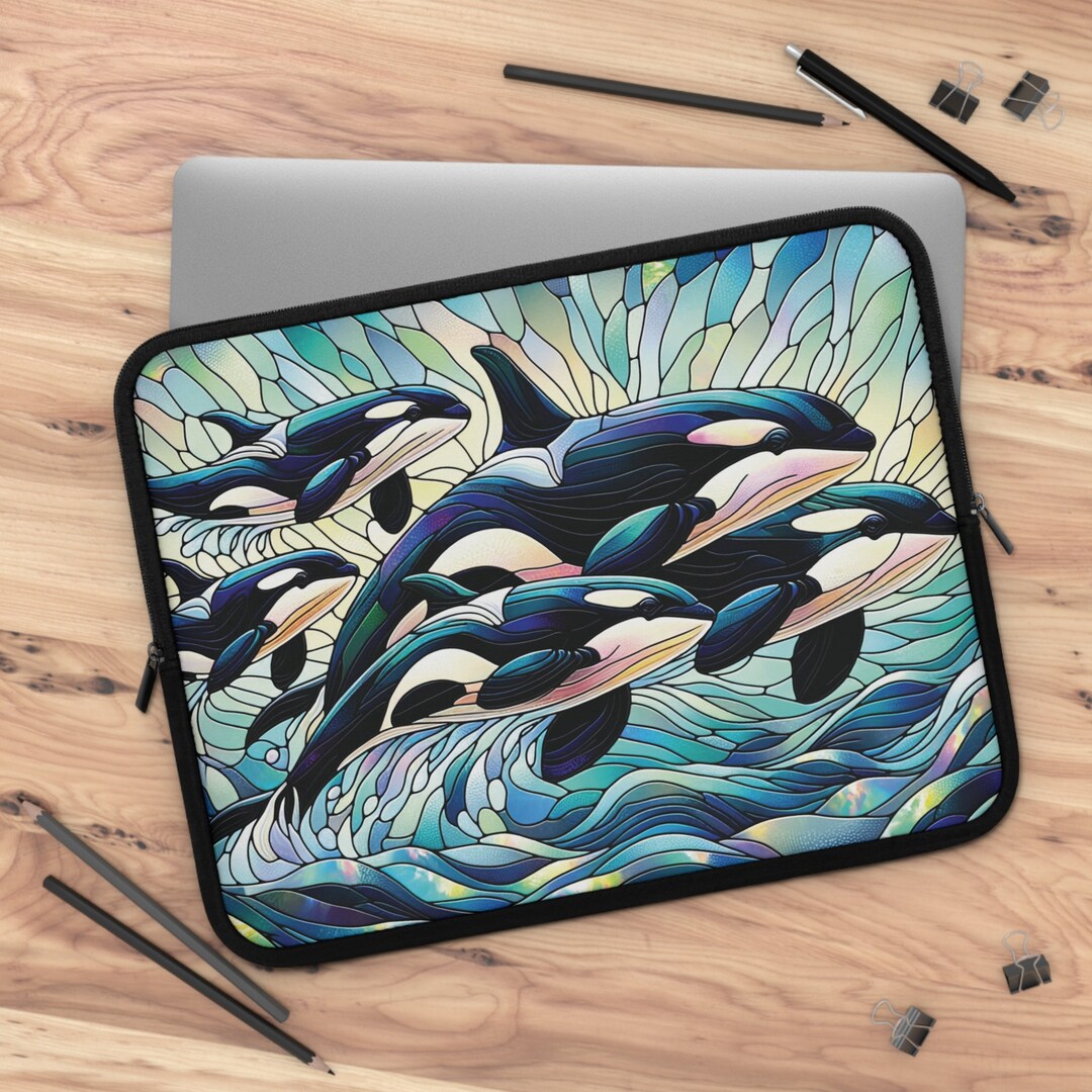 Blue Ocean Orcas Stained Glass Laptop Sleeve, Stained Glass Illusion ...