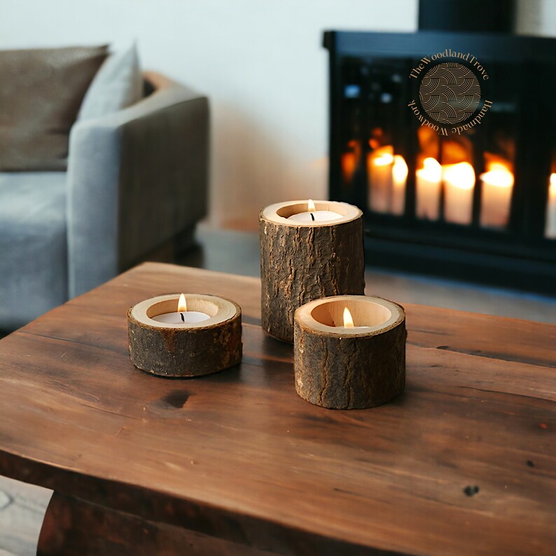 Set of 3 Rustic Wooden Tree Inspired Tea Light Holders: Perfect for ...