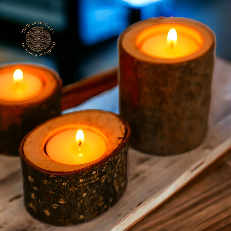 Set of 3 Rustic Wooden Tree Inspired Tea Light Holders: Perfect for ...