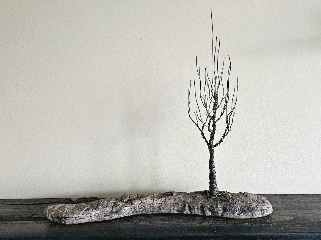 Barren Black Steel Wire Tree Sculpture on Driftwood Handcrafted ...